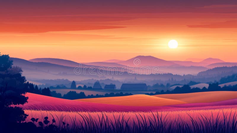Pixel Art Sunset Over Lavender Fields and Mountains Stock Illustration ...