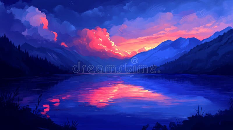 Pixel Art Sunset Over Mountain Lake Stock Illustration - Illustration ...