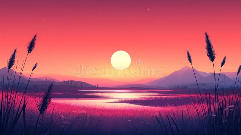 Pixel Art Sunset Over River Valley Landscape Stock Illustration ...