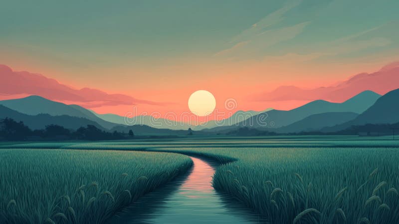 Pixel Art Sunset Over Rural Valley Stock Illustration - Illustration of ...