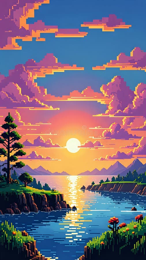 Pixel Art Sunset Over Tropical Beach Stock Photo - Image of pixel ...