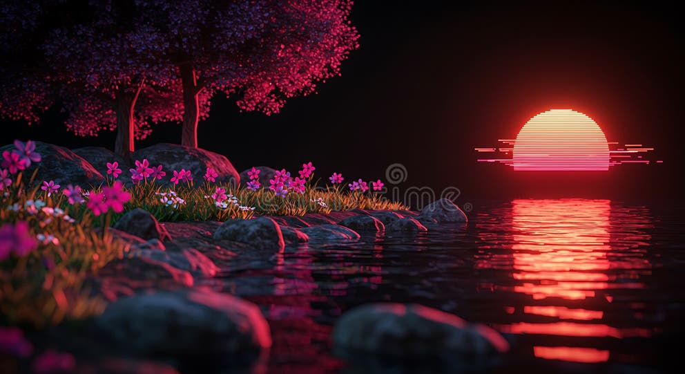 Pixel Art Sunset Reflection on Water with Flowers and Trees - Generated ...