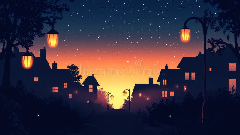 Pixel Art Sunset Town Silhouette Stock Illustration - Illustration of ...