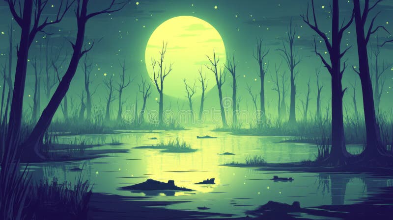 Pixel Art Swamp Night Scene with Green Moon Stock Illustration ...