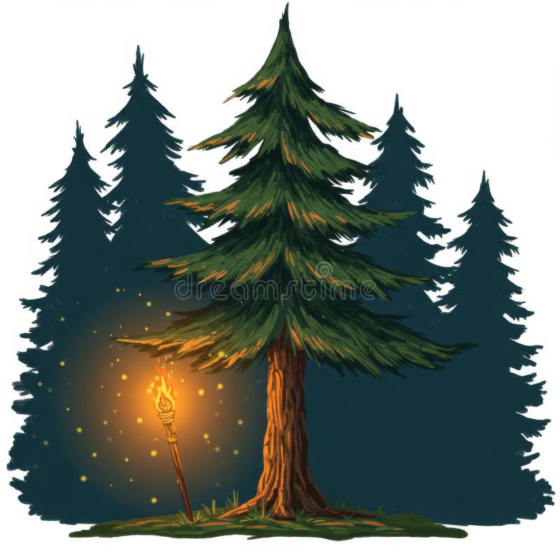 Pixel Art Tall Pine Tree Illuminated by a Glowing Torch in a Dark Forest Stock Illustration ...