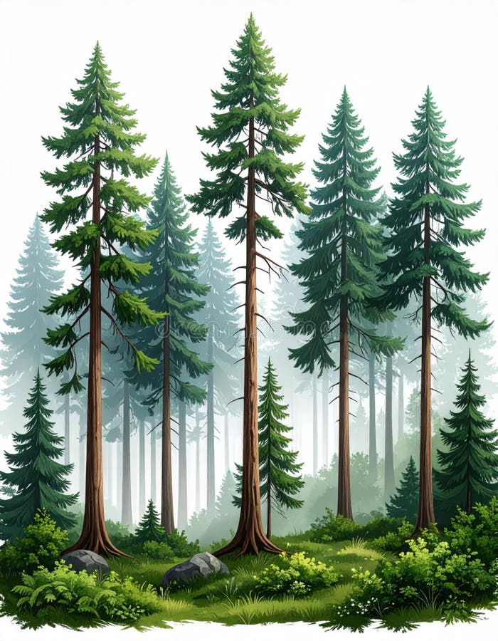 Pixel Art Tall Pine Trees in Misty Forest Stock Illustration ...