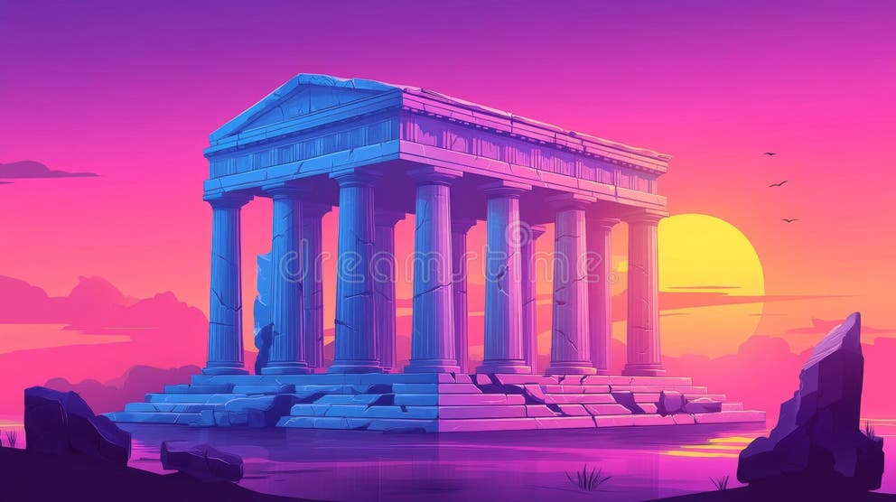 Pixel Art Temple Ruins at Sunset Stock Illustration - Illustration of ...