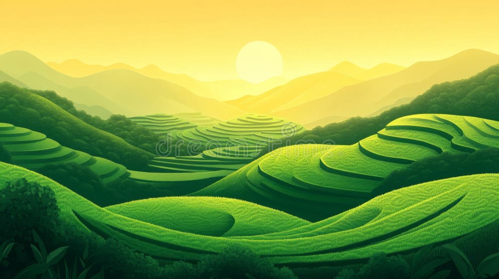 Pixel Art Terraced Fields Sunrise View Stock Illustration ...