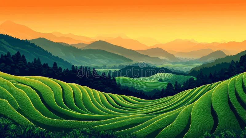 Pixel Art Terraced Rice Paddies at Sunset Stock Illustration - Illustration of scenic, sunrise ...
