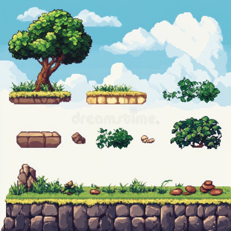 Pixel Art Terrain Elements for Video Game Background Design Stock ...