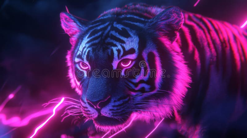 Pixel Art Tiger in Neon Pink and Blue Lighting Stock Illustration ...