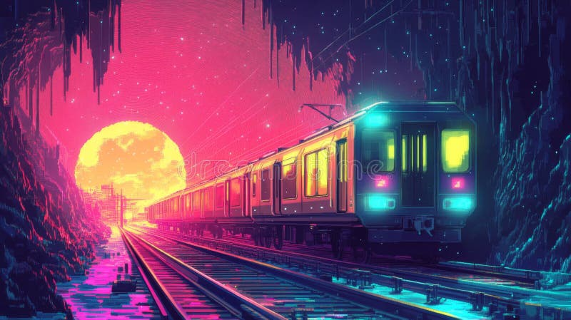 Pixel Art Train Ascending from Underground Tunnel Under Sunset with ...