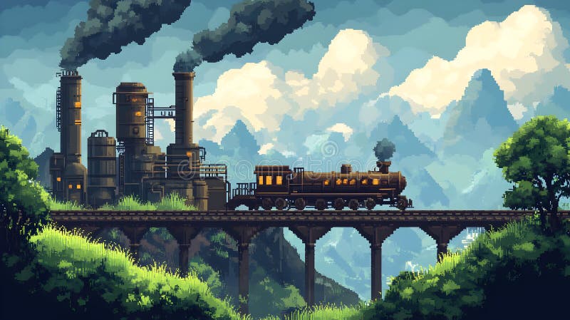 Pixel Art Train on Bridge with Factory Background Under Cloudy Sky and ...