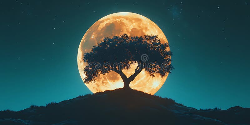 Pixel Art Tree Silhouette Against Full Moon Night Sky Background Stock ...