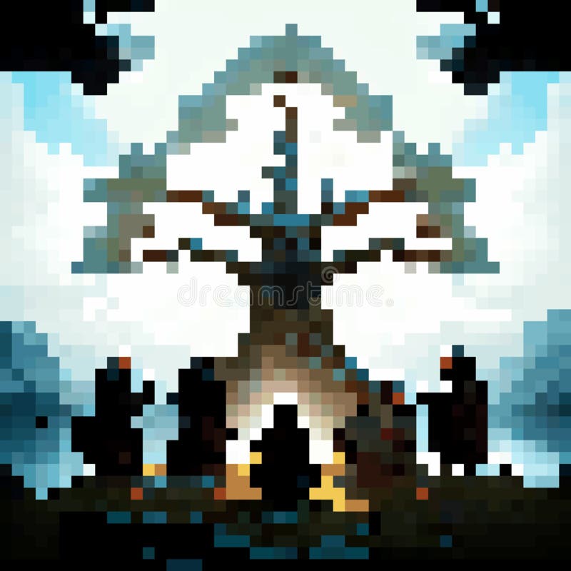 Abstract Pixel Art Illustration of a Big Tree in the Middle of the Sea ...