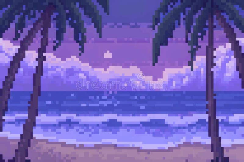 Pixel Art Tropical Beach at Dusk with Palm Trees and Moonlit Ocean ...