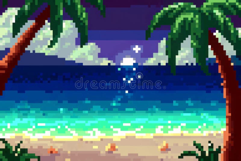 Pixel Art Tropical Beach Night Scene with Palm Trees and Moonlit Ocean ...