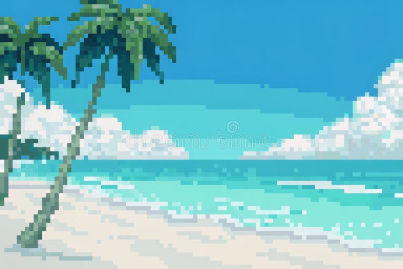 Pixel Art Tropical Beach with Palm Trees Under a Bright Sun Stock Image ...