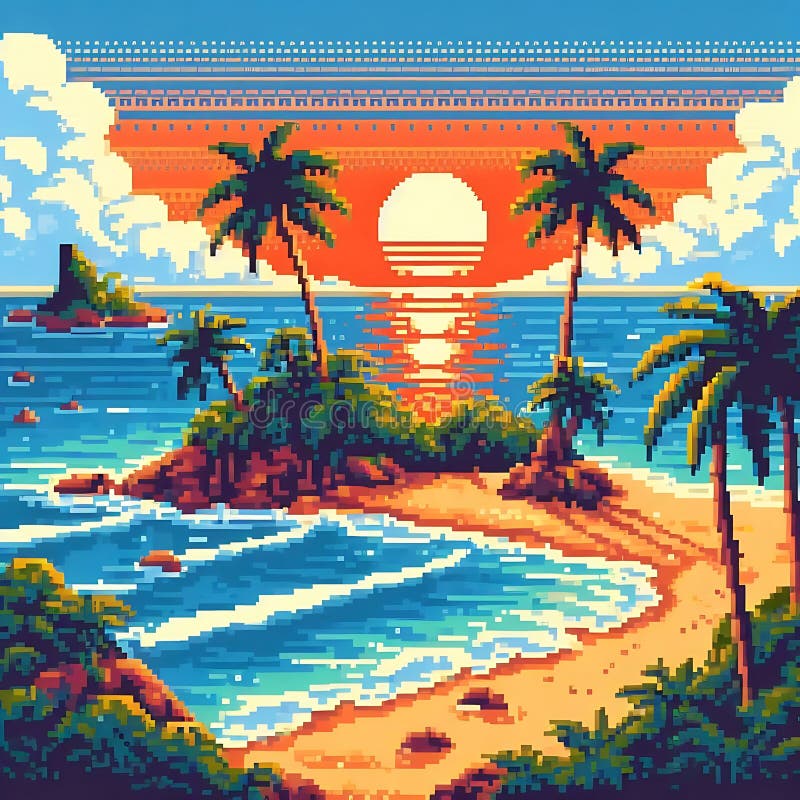Pixel Art Tropical Beach Sunset Scene Stock Illustration - Illustration ...