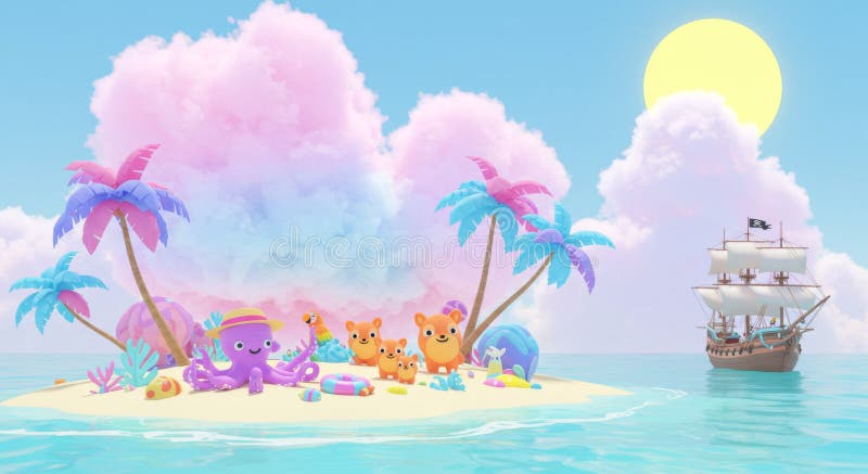 Pixel Art Tropical Island with Cute Animals and Ship Stock Illustration ...
