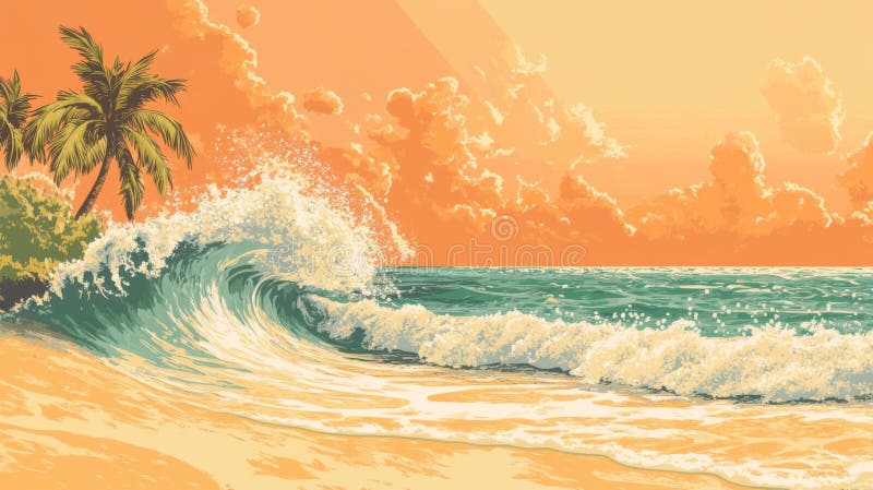 Pixel Art Tropical Sunset Beach Scene with Ocean Wave Stock ...