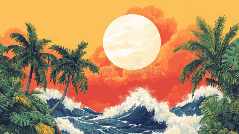 Pixel Art Tropical Sunset with Ocean Waves Stock Illustration ...