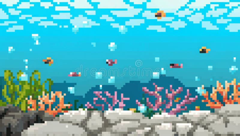 Pixel Art Underwater Scene with Colorful Fish and Coral Reefs Stock ...