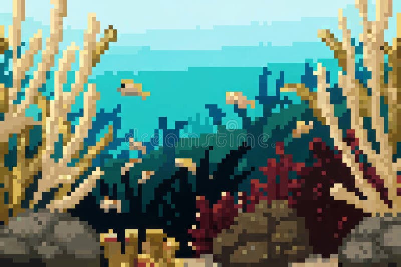 Pixel Art Underwater Scene with Coral and Fish Stock Illustration ...
