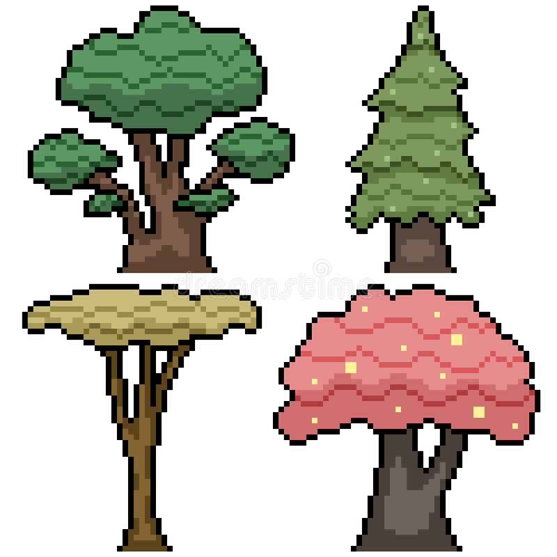 Pixel Art Various Nature Tree Set Stock Vector - Illustration of doodle ...