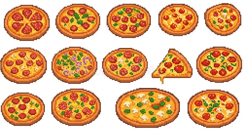 Pixel Art of Various Pizzas in Two Rows, Featuring Toppings Like ...
