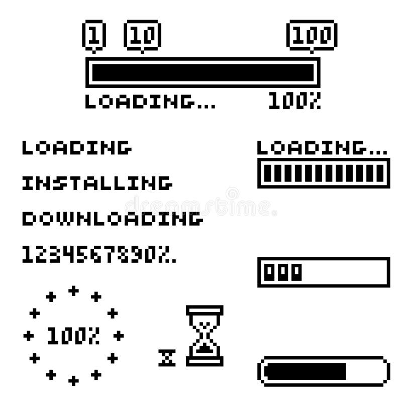 Pixel Art Vector Illustration Set - 8 Bit Retro Style Loading Indicator ...