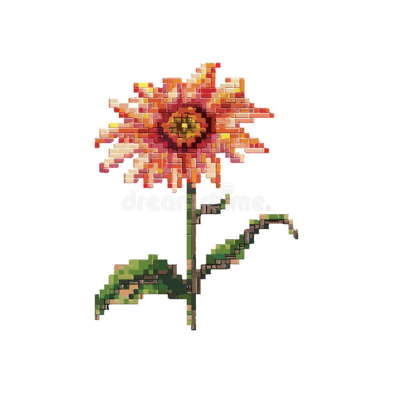 Pixel Art Vibrant Flower Illustration with Stem and Leaves. Vector Icon ...