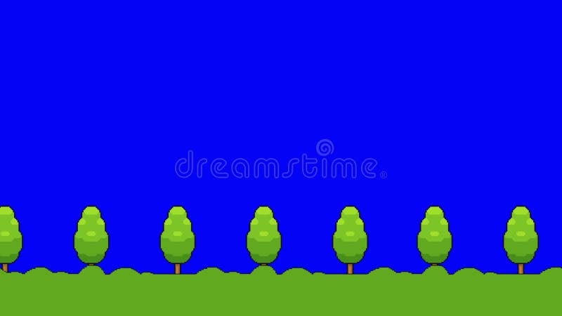 Pixel Art Video Game Grass and Trees on a Blue Screen Moving Forward ...