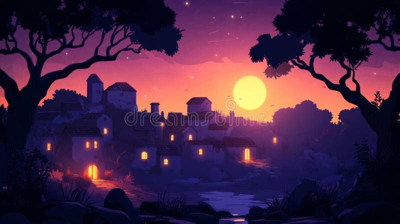 Pixel Art Village Sunset Landscape Stock Illustration - Illustration of ...