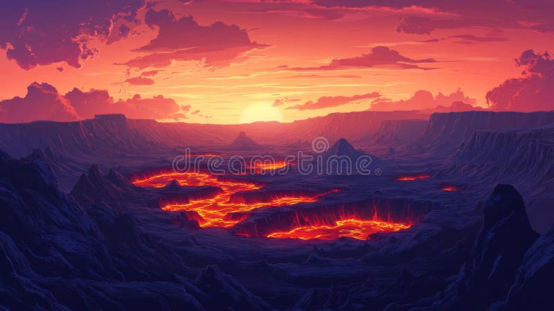 Pixel Art Volcano Sunset Landscape Stock Illustration - Illustration of ...