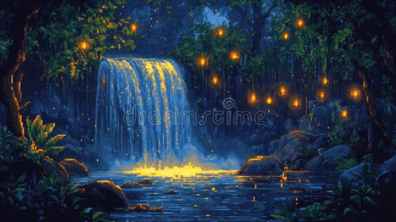 Pixel Art Waterfall in a Forest with Glowing Lights and Flowing Water ...
