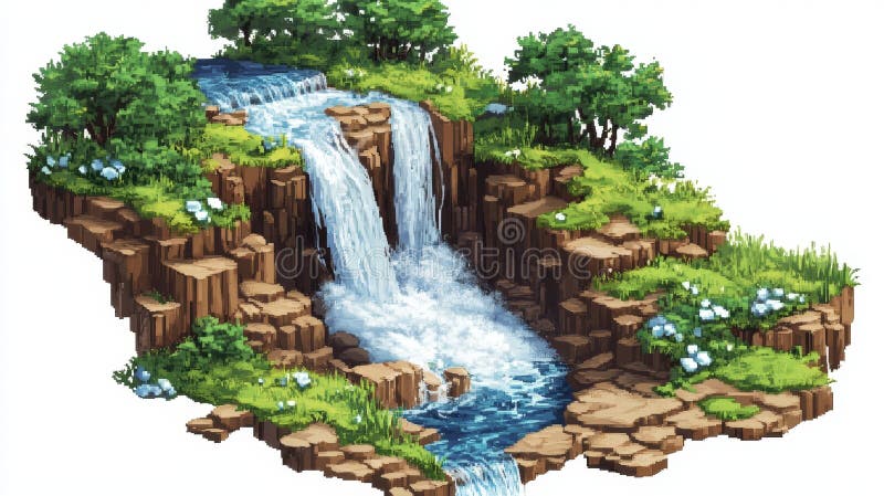 Pixel Art Waterfall Landscape Stock Illustration - Illustration of ...