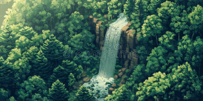 Pixel Art Waterfall in Lush Green Forest Stock Illustration ...