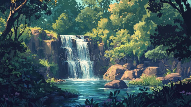 Pixel Art Waterfall in Lush Green Forest Stock Illustration ...