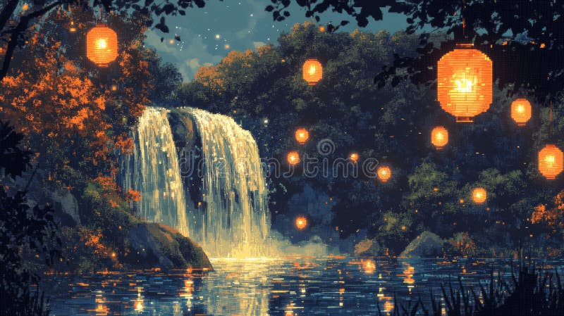 Pixel Art Waterfall Scene with Lanterns Reflecting on Water at Night in ...