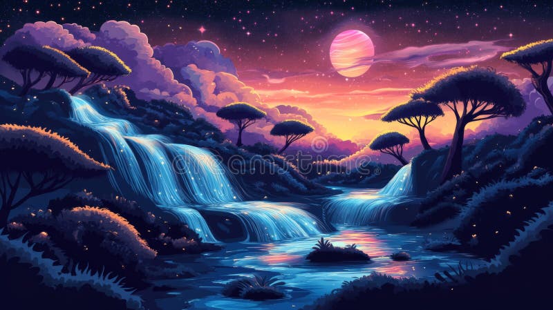 Pixel Art Waterfall Sunset Landscape with Glowing Water Stock ...