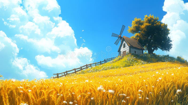 Pixel Art Windmill on a Sunny Hillside Stock Illustration ...