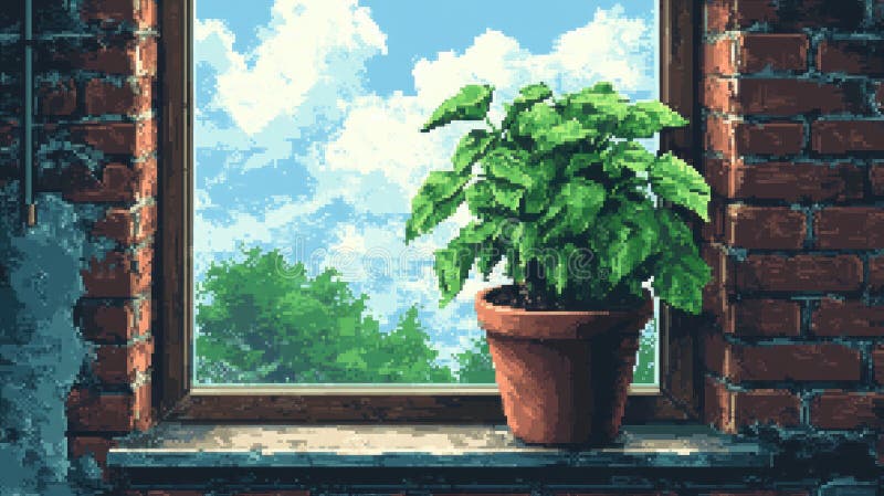 Pixel Art Window with Plant Stock Illustration - Illustration of ...