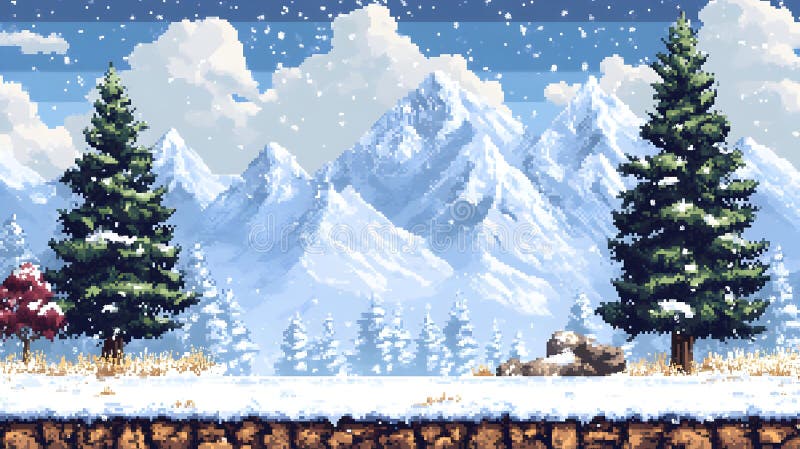 Pixel Art Winter Landscape with Snow Covered Mountains and Pine Trees ...
