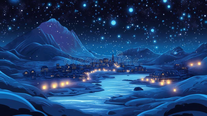 Pixel Art Winter Village Night Scene Stock Illustration - Illustration ...