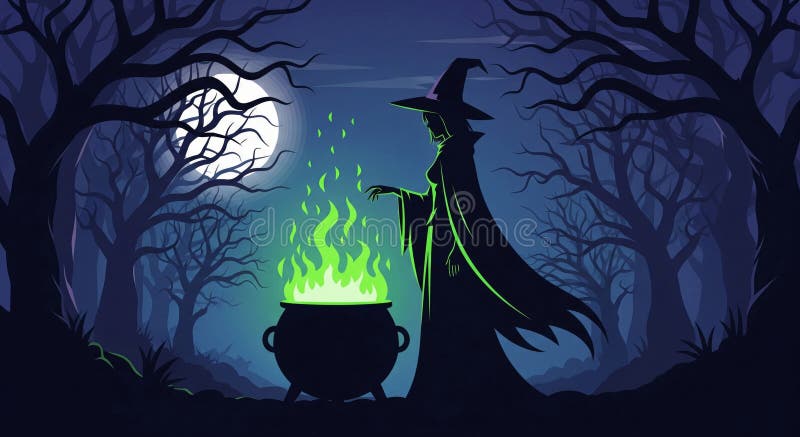 Pixel Art Witch Brewing Potion in Cauldron Moonlight Forest Scene Stock ...