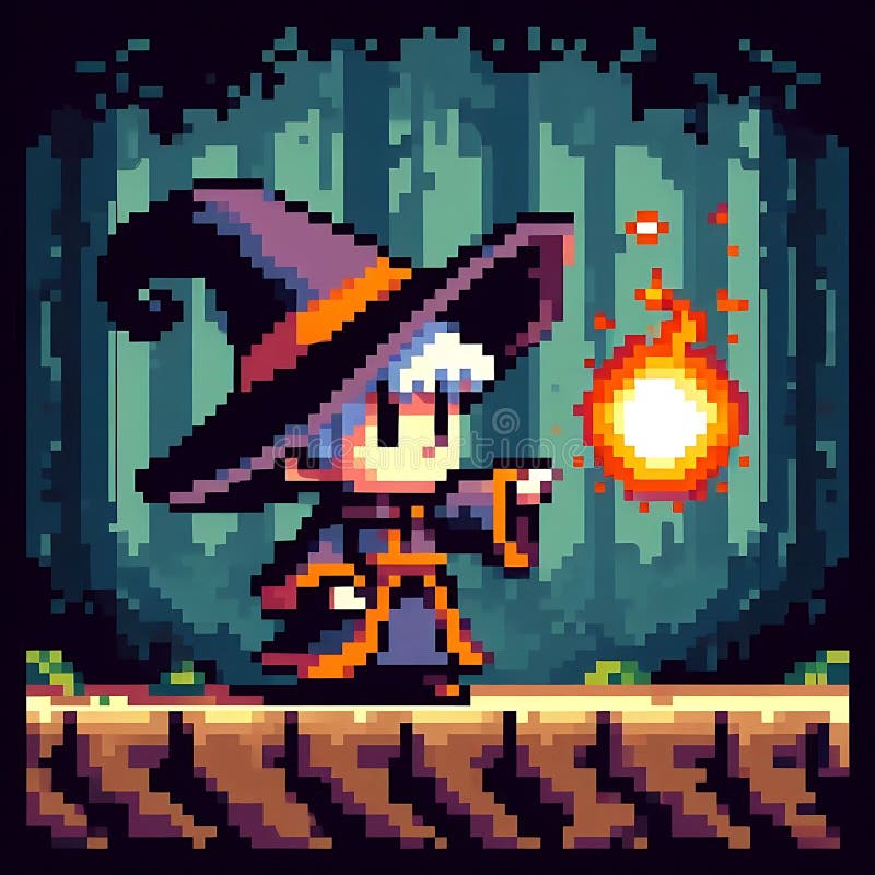 Pixel Art Witch Casting Fire Spell in a Dark Forest Stock Illustration ...