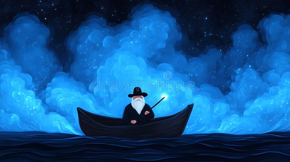 Pixel Art Wizard in a Boat on a Starry Blue Night Stock Illustration ...