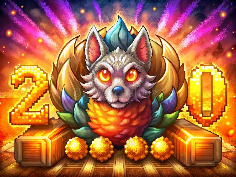 Pixel Art Wolf with Fireworks and Golden Numbers 2020 Stock Vector ...
