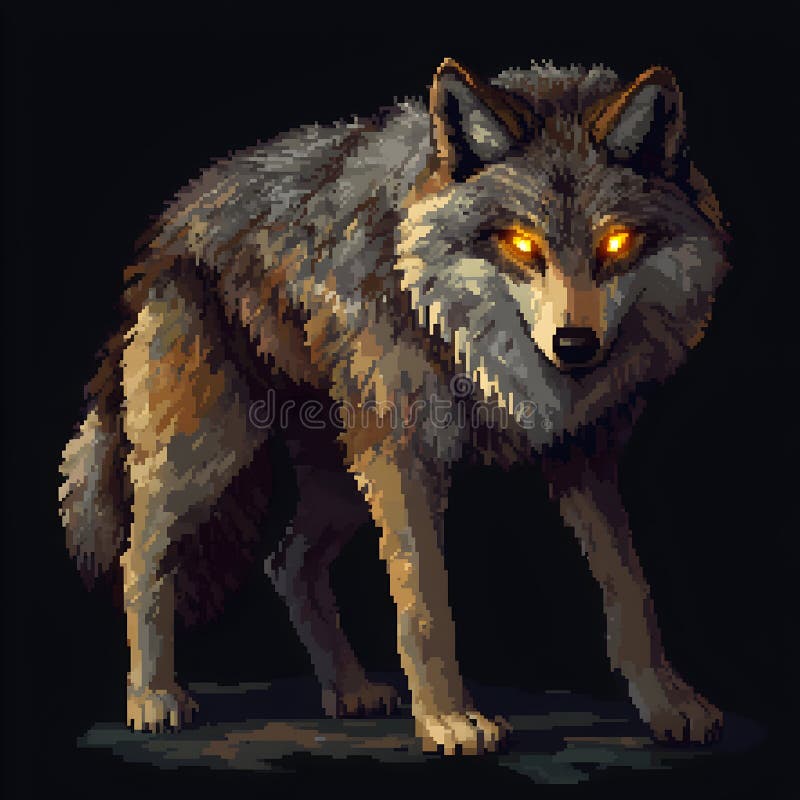 Pixel Art Wolf with Glowing Eyes in Dark Forest Setting Stock ...
